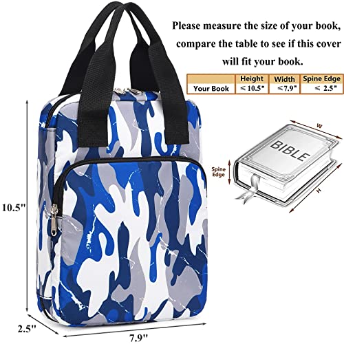 DSIUE Bible Cover for Kids Boys Book Carrying Case Scripture Bag with Handle Pockets Childrens Teens Church Bag Camo Blue