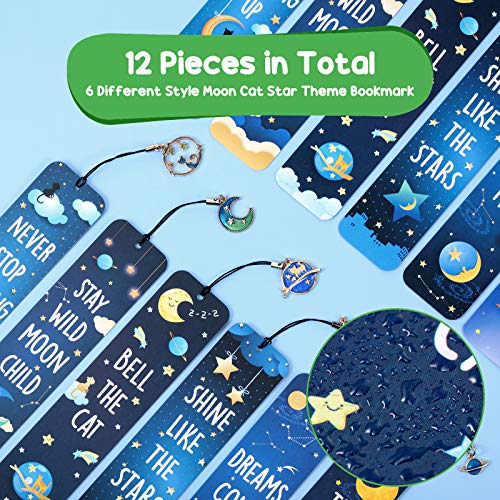 12 Pcs Bookmarks for Children Cat Moon Star Celestial Theme Space Bookmarks with Metal Charms Inspirational Quotes Bookmarker Gift for Kids Boys Girls School Reading (Novelty Style)