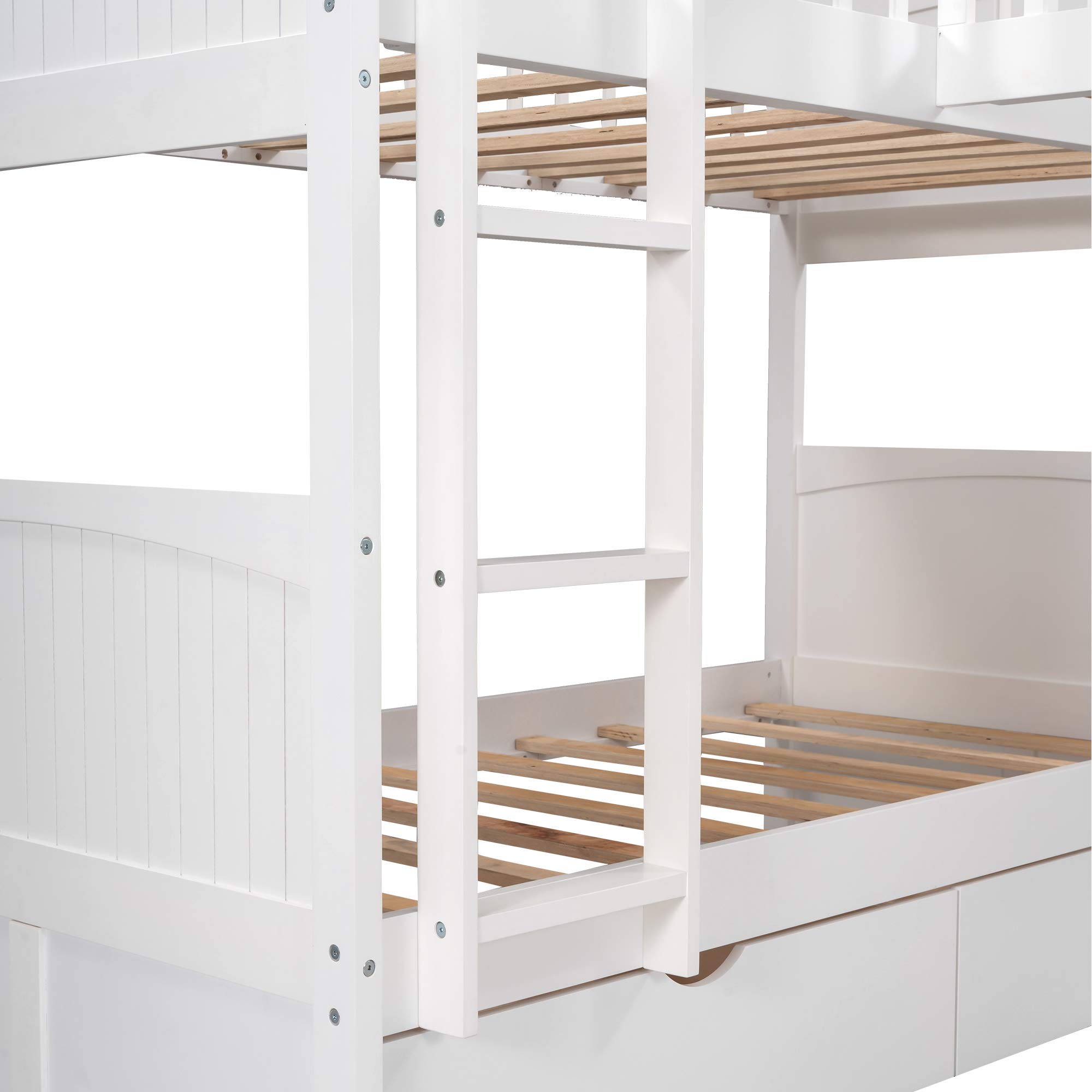 GLORHOME Twin-Over-Twin Triple Bed Wooden L-Shaped Bunk Bed with Ladders and 2 Storage Drawers, Space Saving Bedroom Furniture for Kids Teens