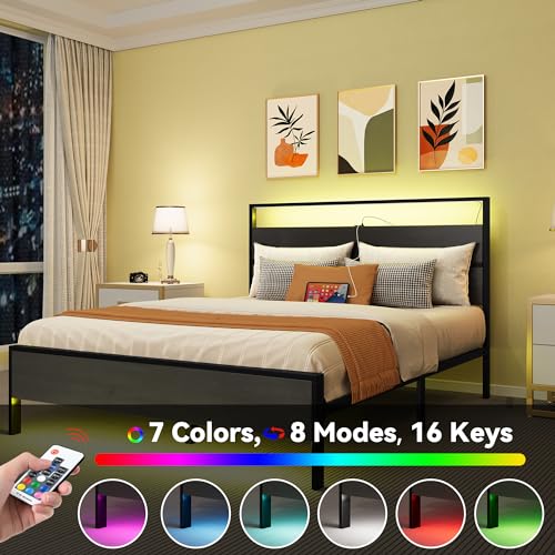 YITAHOME Queen Size Bed Frame, LED Bed Frame with 2 USB Ports, Platform Bed Frame with 10.2” Under Bed Storage Clearance, Strong Metal Slats Support, No Box Spring Needed, Black Brown