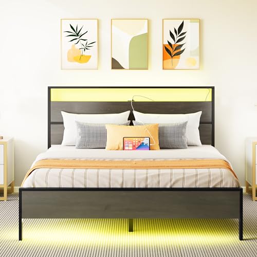 YITAHOME Queen Size Bed Frame, LED Bed Frame with 2 USB Ports, Platform Bed Frame with 10.2” Under Bed Storage Clearance, Strong Metal Slats Support, No Box Spring Needed, Black Brown