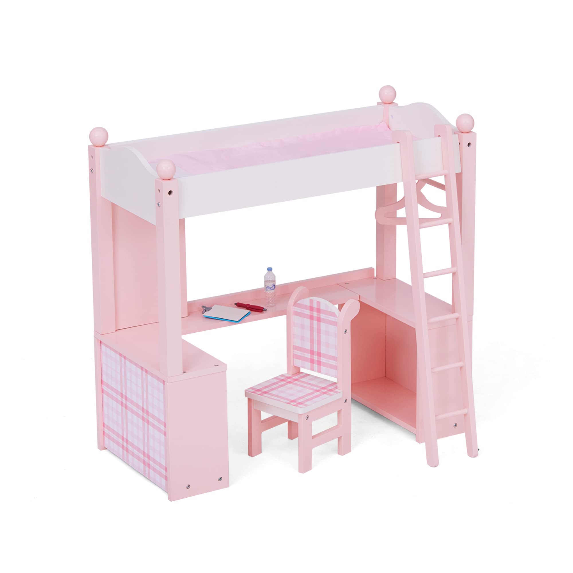 Sophia's 18" Inch Doll Accessories, 9 Piece Aurora Princess White and Pink Loft Bed Bunk Desk, Chair and Accessories