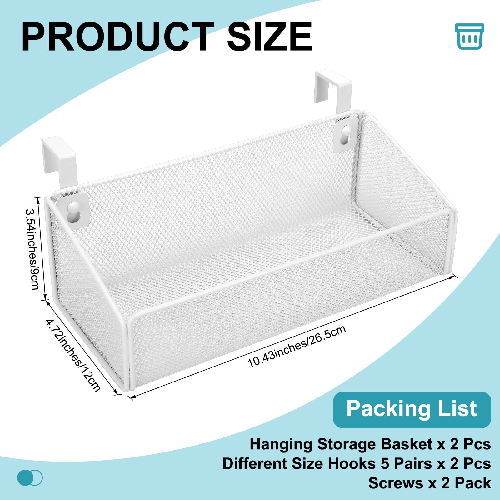 Rtteri 2 Sets Bedside Shelf Bed Metal Storage Basket Bunk Bed Shelf with 10 Pair 5 Different Size Hooks Bed Side Organizer Caddy Hanging Organizer for Home Office Desk Phone Book(White)