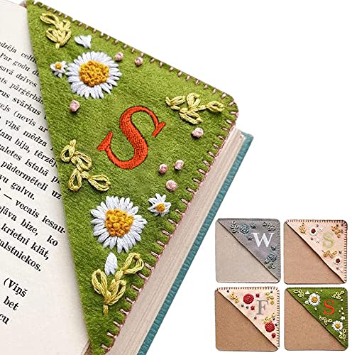 Personalized Hand Embroidered Corner Bookmark,Hand Stitched Felt Corner Letter Bookmark, Felt Triangle Bookmark, Cute Flower Bookmarks for Book Reading Lovers Meaningful Gift (E, Spring)