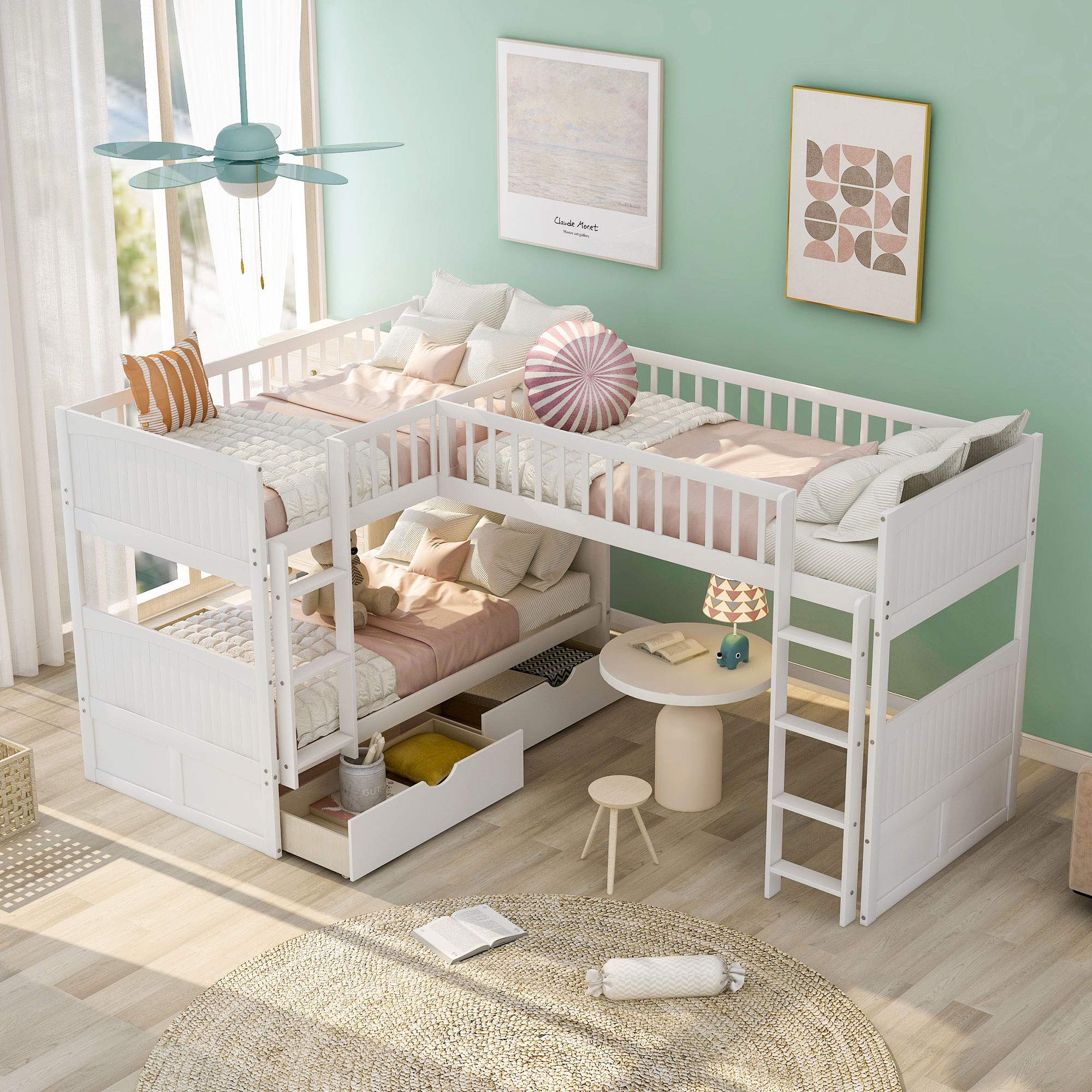 GLORHOME Twin-Over-Twin Triple Bed Wooden L-Shaped Bunk Bed with Ladders and 2 Storage Drawers, Space Saving Bedroom Furniture for Kids Teens