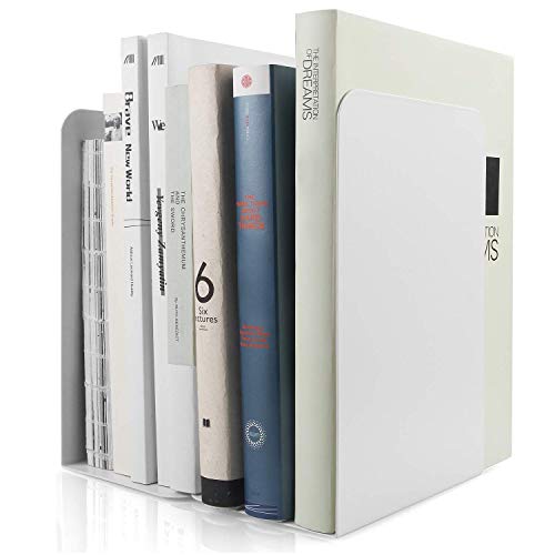 2 Pcs White Metal Bookends 8.0 x 3.9 x 5.3 Inch, CBTONE Heavy Duty Premium Book Ends for Shelves, Nonskid Book Holders for Books Notebooks Files Magazines DVDs - Great for Office, Home, School, Dorm