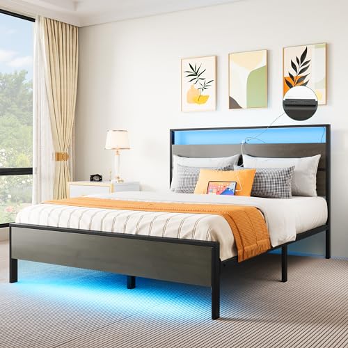 YITAHOME Queen Size Bed Frame, LED Bed Frame with 2 USB Ports, Platform Bed Frame with 10.2” Under Bed Storage Clearance, Strong Metal Slats Support, No Box Spring Needed, Black Brown