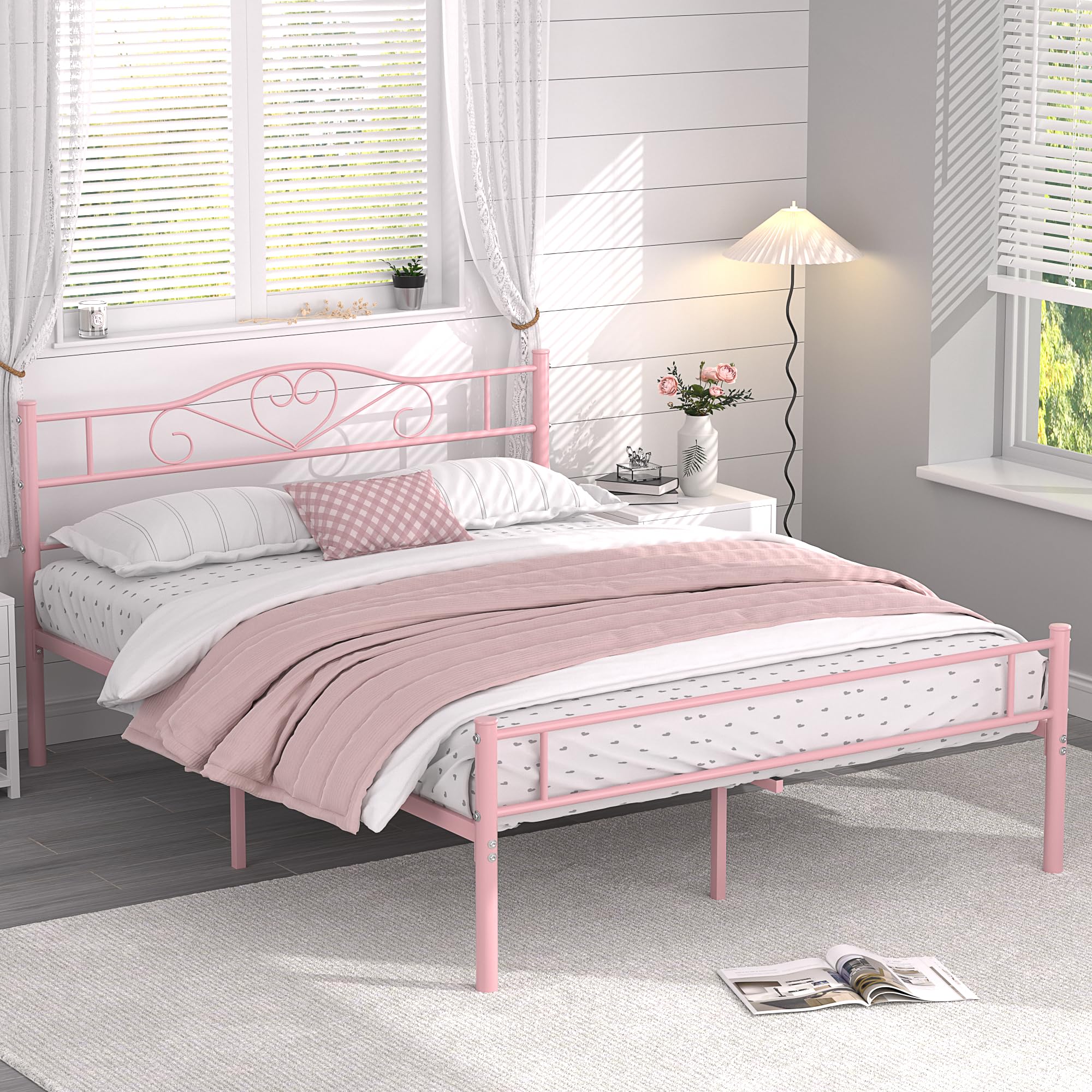 VECELO 14 Inch Queen Size Metal Platform Bed Frame with Headboard and Footboard, Heavy Duty Mattress Foundation with Steel Slats Support, No Box Spring Needed, Pink