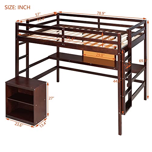 RORIGAT Full Size Loft Bed with Desk and Writing Board, Wooden Loft Bed Frame with Desk & 2 Drawers Cabinet for Kids Teens Adult, Espresso