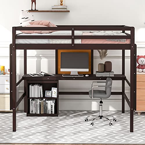 RORIGAT Full Size Loft Bed with Desk and Writing Board, Wooden Loft Bed Frame with Desk & 2 Drawers Cabinet for Kids Teens Adult, Espresso
