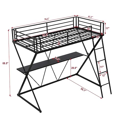 DEYOBED Twin Size Metal Loft Bed with Desk, X-Shaped Frame, Ladder, and Guardrails, Space-Saving Kids' Bedroom Furniture, Black