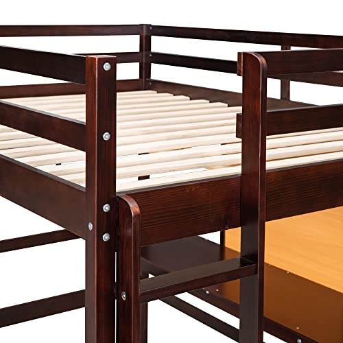 RORIGAT Full Size Loft Bed with Desk and Writing Board, Wooden Loft Bed Frame with Desk & 2 Drawers Cabinet for Kids Teens Adult, Espresso