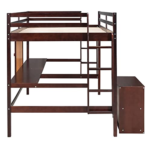 RORIGAT Full Size Loft Bed with Desk and Writing Board, Wooden Loft Bed Frame with Desk & 2 Drawers Cabinet for Kids Teens Adult, Espresso