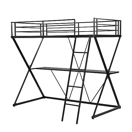DEYOBED Twin Size Metal Loft Bed with Desk, X-Shaped Frame, Ladder, and Guardrails, Space-Saving Kids' Bedroom Furniture, Black