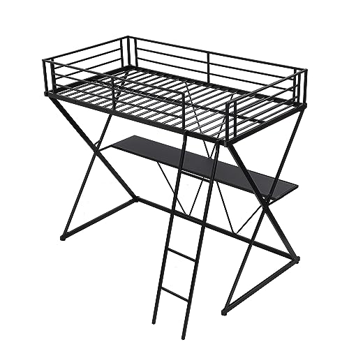 DEYOBED Twin Size Metal Loft Bed with Desk, X-Shaped Frame, Ladder, and Guardrails, Space-Saving Kids' Bedroom Furniture, Black