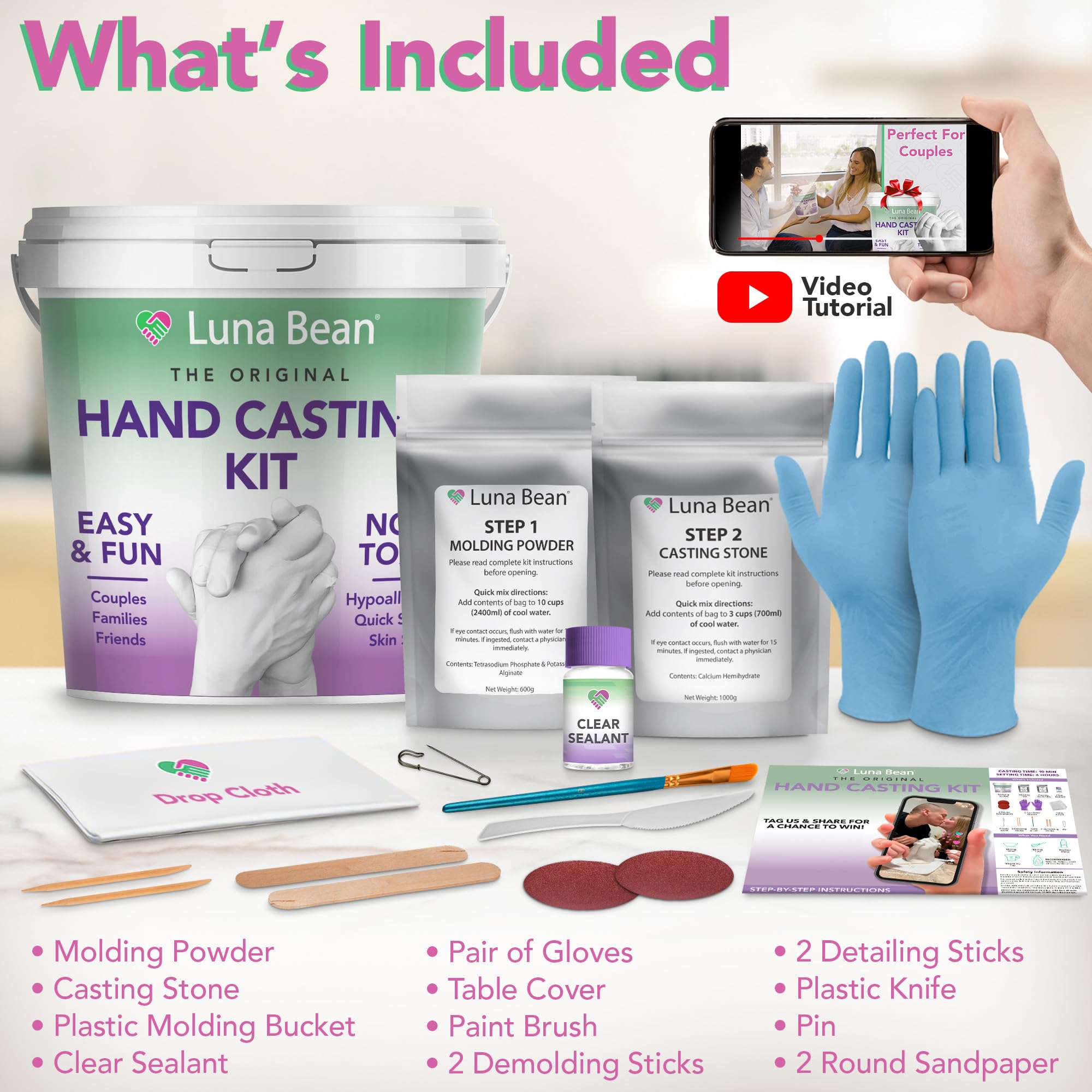 Luna Bean Hand Casting Kit Couples - Plaster Hand Mold Casting Kit, Unique Valentines Gift Ideas for Boyfriend Girlfriend, Gift for Her, Gifts for Him, Anniversary Husband Wife Date Night Activities