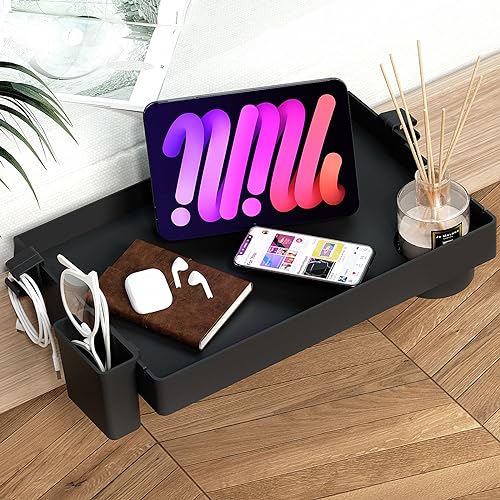 SPACEKEEPER Bedside Shelf for Bed, Foldable Bunk Bed Shelf Organizer for Top Bunk College Dorm Room Essentials Clip On Nightstand Bed Side Shelf Tray with Hanging Cup, Normal Size, Black