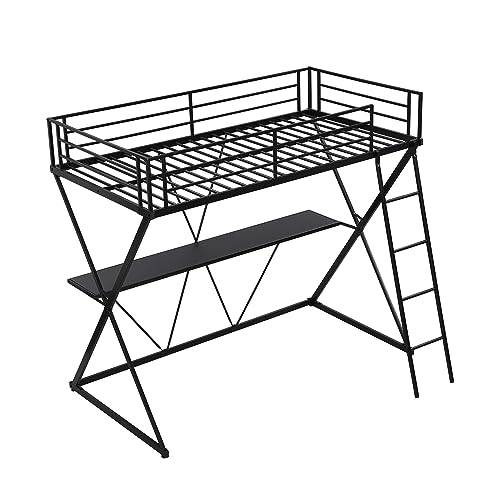 DEYOBED Twin Size Metal Loft Bed with Desk, X-Shaped Frame, Ladder, and Guardrails, Space-Saving Kids' Bedroom Furniture, Black