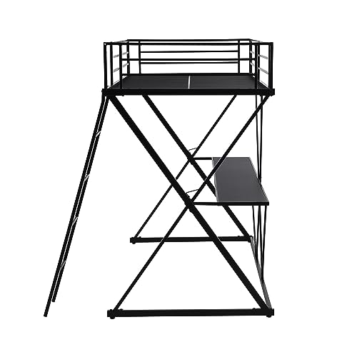 DEYOBED Twin Size Metal Loft Bed with Desk, X-Shaped Frame, Ladder, and Guardrails, Space-Saving Kids' Bedroom Furniture, Black