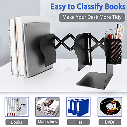 Heavy Duty Book Ends to Hold Books with Pen Holder, Adjustable Bookends, Metal Book Ends for Shelves, Black Book Holders Binder Organizer for Bookshelf Desk - Extends up to 19"