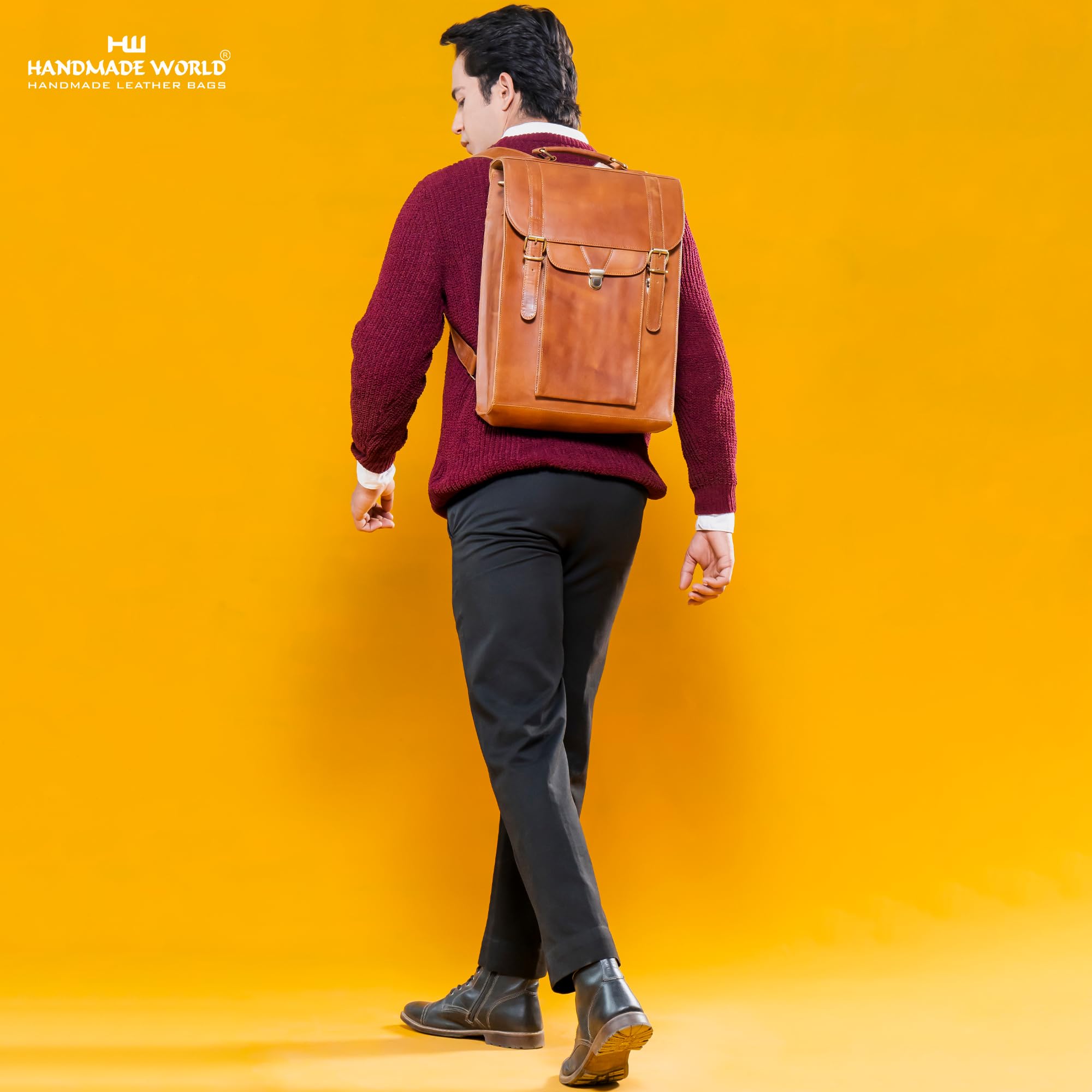 Handmade World Full Grain Soft Buffalo Black 17 Inch Large Leather Backpack Convertible Vertical Messenger bags Computer Briefcase Laptop Satchel Travel Crossbody Bag for Office Work College
