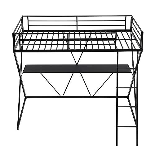 DEYOBED Twin Size Metal Loft Bed with Desk, X-Shaped Frame, Ladder, and Guardrails, Space-Saving Kids' Bedroom Furniture, Black