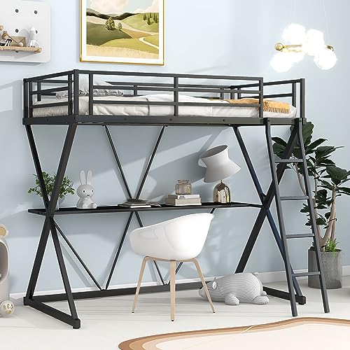 DEYOBED Twin Size Metal Loft Bed with Desk, X-Shaped Frame, Ladder, and Guardrails, Space-Saving Kids' Bedroom Furniture, Black