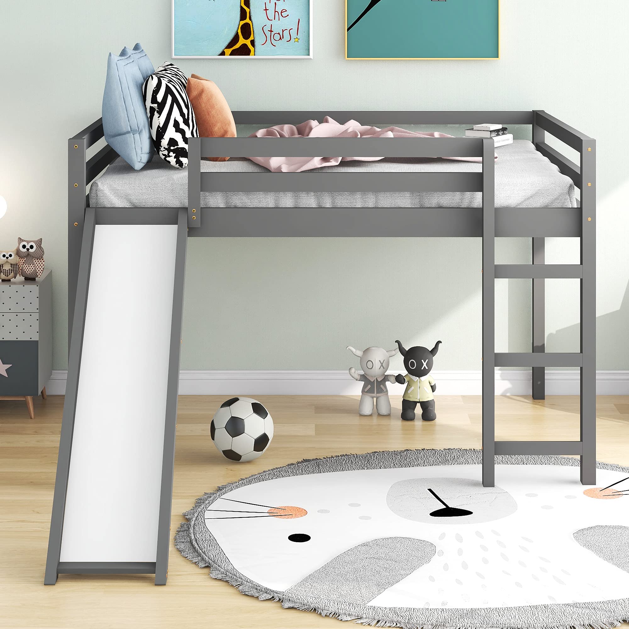 GJHOME Full Loft Bed with Slide, Solid Wood Low Loft Bed Frame for Kids Girls Boys (Full Size, Gray)