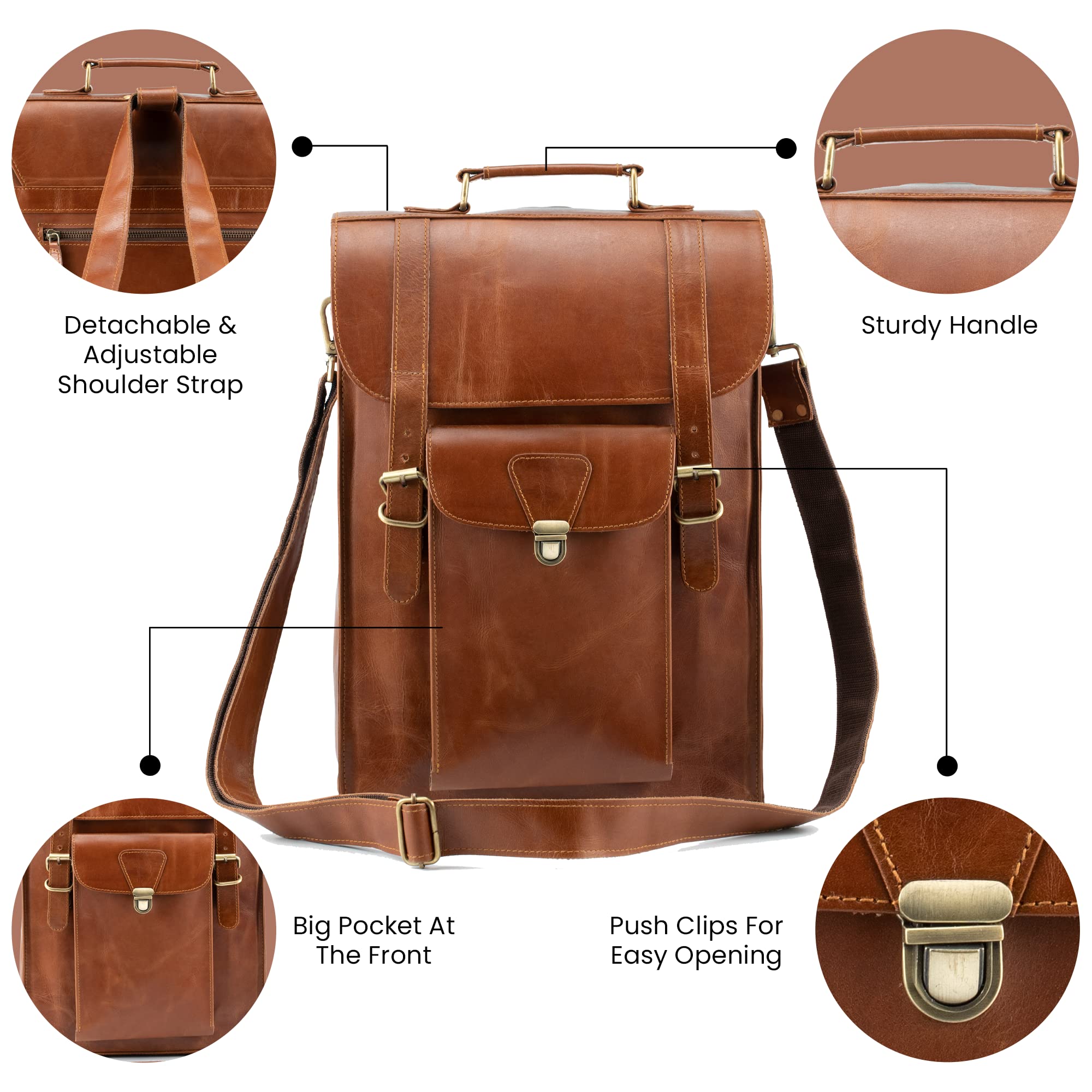 Handmade World Full Grain Soft Buffalo Black 17 Inch Large Leather Backpack Convertible Vertical Messenger bags Computer Briefcase Laptop Satchel Travel Crossbody Bag for Office Work College