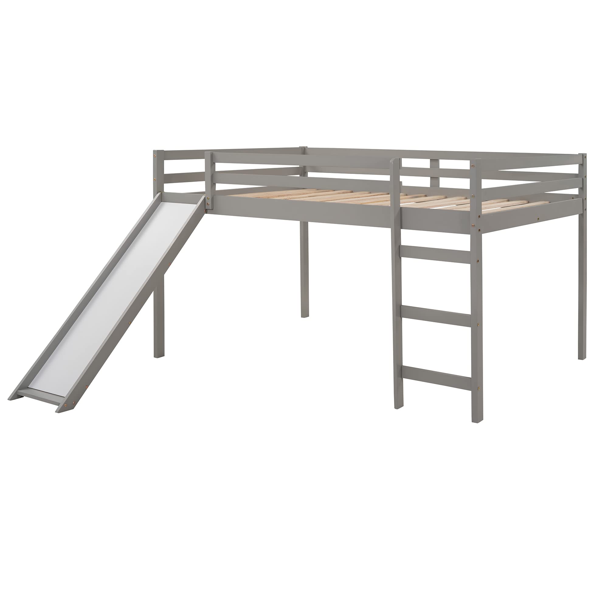 GJHOME Full Loft Bed with Slide, Solid Wood Low Loft Bed Frame for Kids Girls Boys (Full Size, Gray)