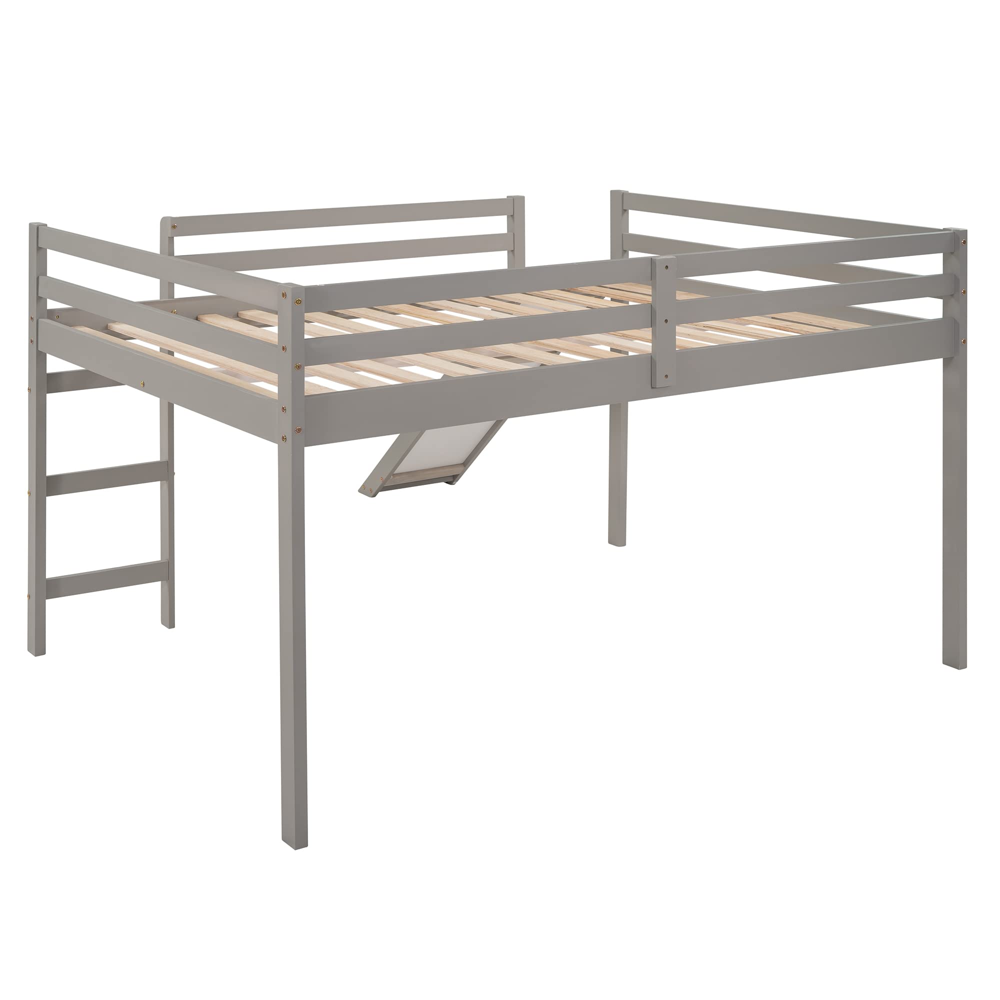 GJHOME Full Loft Bed with Slide, Solid Wood Low Loft Bed Frame for Kids Girls Boys (Full Size, Gray)