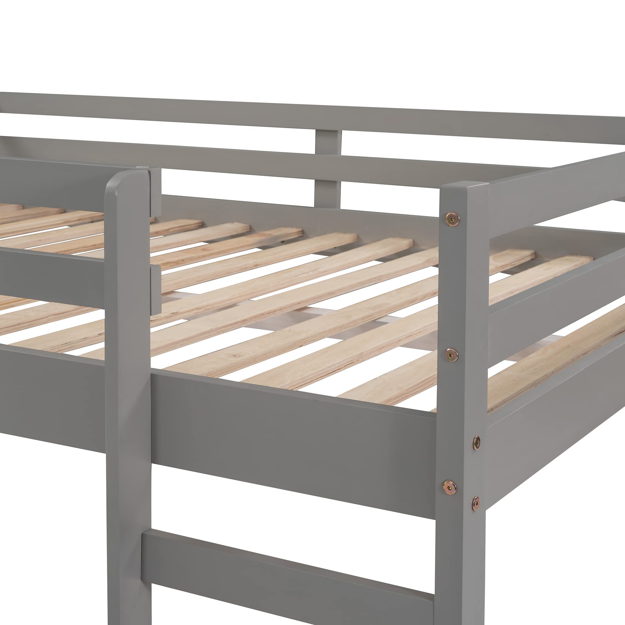 GJHOME Full Loft Bed with Slide, Solid Wood Low Loft Bed Frame for Kids Girls Boys (Full Size, Gray)