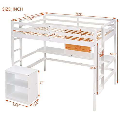 Lifeand Full Size Loft Bed with Desk and Writing Board, Wooden Loft Bed with Desk & 2 Drawers Cabinet,White