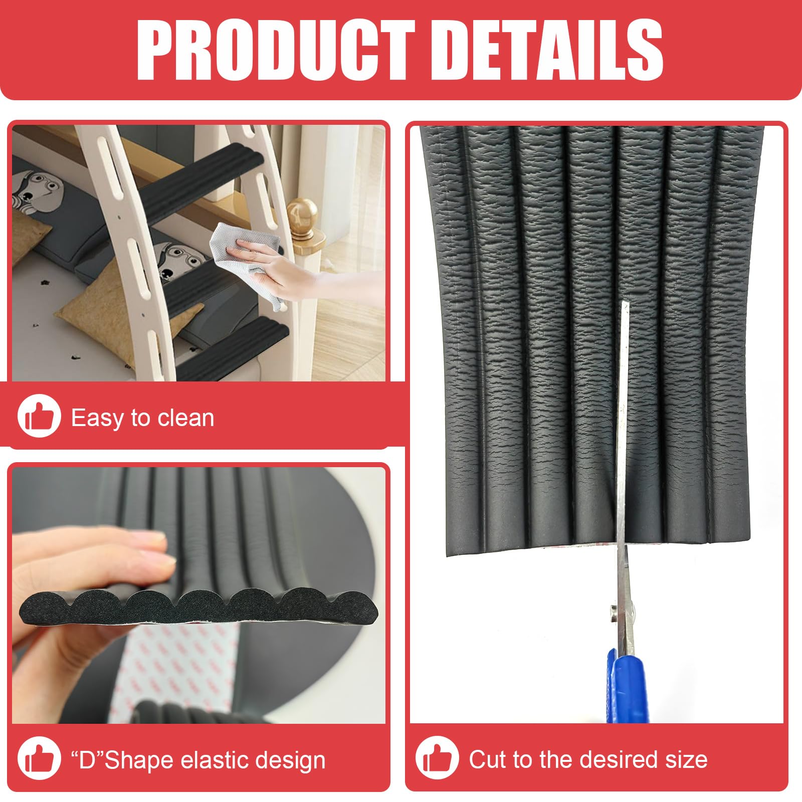 FMOACEN 6.6 FT Black Bunk Bed Ladder Pads PVC Soft Corner Protectors with Strong Adhesive, Stair Steps Cover for Foot Comfort
