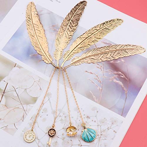 4 Pieces Metal Feather Bookmarks Pendant Bookmark Gold Retro Book Page Markers,Perfect Gift for Reader,Women,Kids,Students, Teachers,Friends and Book Lovers(Key,Sea Shell,Treasure,Clock)
