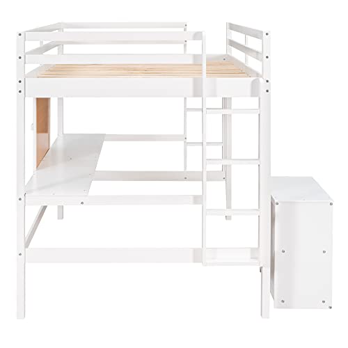 Lifeand Full Size Loft Bed with Desk and Writing Board, Wooden Loft Bed with Desk & 2 Drawers Cabinet,White