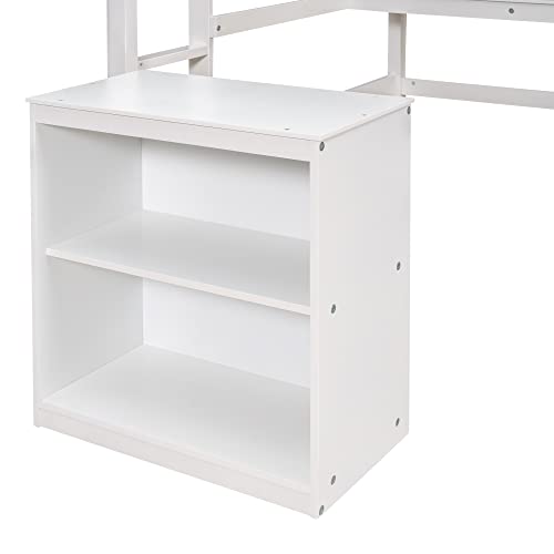 Lifeand Full Size Loft Bed with Desk and Writing Board, Wooden Loft Bed with Desk & 2 Drawers Cabinet,White