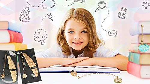 4 Pieces Metal Feather Bookmarks Pendant Bookmark Gold Retro Book Page Markers,Perfect Gift for Reader,Women,Kids,Students, Teachers,Friends and Book Lovers(Key,Sea Shell,Treasure,Clock)