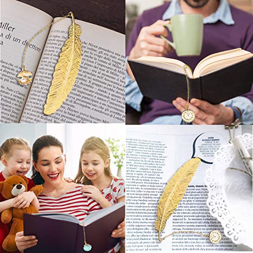 4 Pieces Metal Feather Bookmarks Pendant Bookmark Gold Retro Book Page Markers,Perfect Gift for Reader,Women,Kids,Students, Teachers,Friends and Book Lovers(Key,Sea Shell,Treasure,Clock)