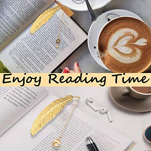 4 Pieces Metal Feather Bookmarks Pendant Bookmark Gold Retro Book Page Markers,Perfect Gift for Reader,Women,Kids,Students, Teachers,Friends and Book Lovers(Key,Sea Shell,Treasure,Clock)