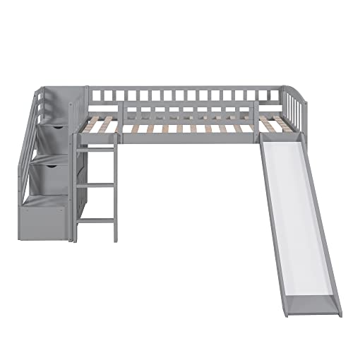 HABUHOME Twin Size Low Loft Bed with Convertible Slide, Stairs with Two Drawers, Stairway Loftbed Frame, for Kids Boys Girls, Gray
