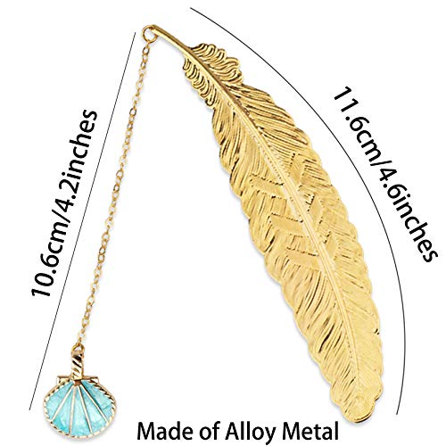 4 Pieces Metal Feather Bookmarks Pendant Bookmark Gold Retro Book Page Markers,Perfect Gift for Reader,Women,Kids,Students, Teachers,Friends and Book Lovers(Key,Sea Shell,Treasure,Clock)