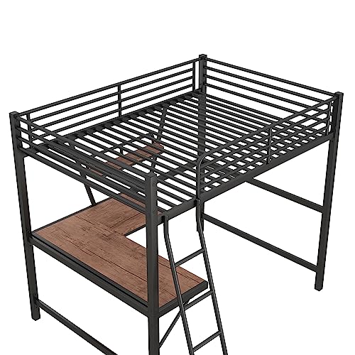 Lifeand Full Size Loft Metal&MDF Bed with Desk and Shelf, Black