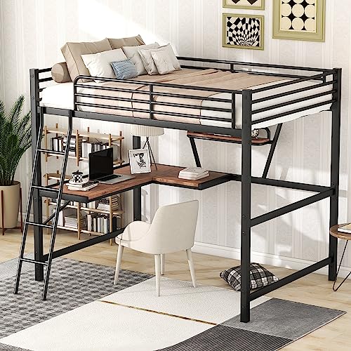 Lifeand Full Size Loft Metal&MDF Bed with Desk and Shelf, Black