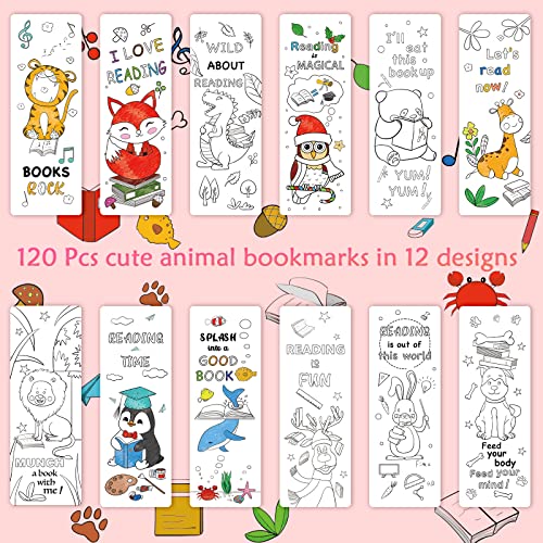 Anseal 120 PCS Color Your Own Bookmarks Bulk, DIY Bookmarks for Kids/Teens, Cute Animal Bookmarks for Reading Lover, 12 Styles Fun & Personalized Bookmark for Students, Classroom Rewards Supplies