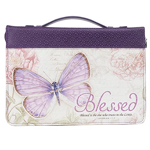 Christian Art Gifts Women's Fashion Bible Cover Blessed Butterfly Jeremiah 17:7, Purple Floral Faux Leather, XL