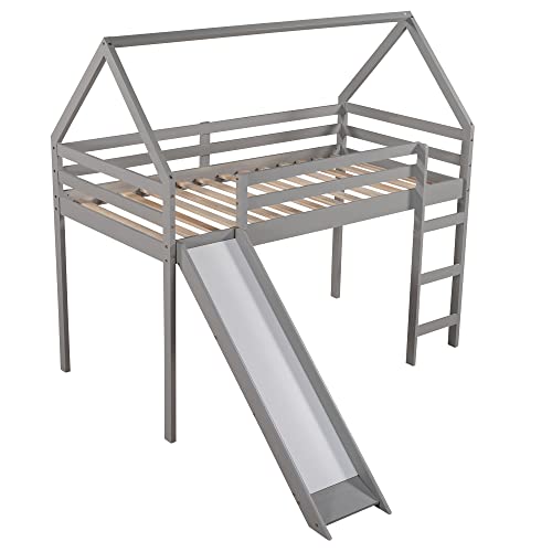 Lifeand Twin Size Loft Bed with Slide,Wooden House Bed for Kids/Girls/Boys, Gray