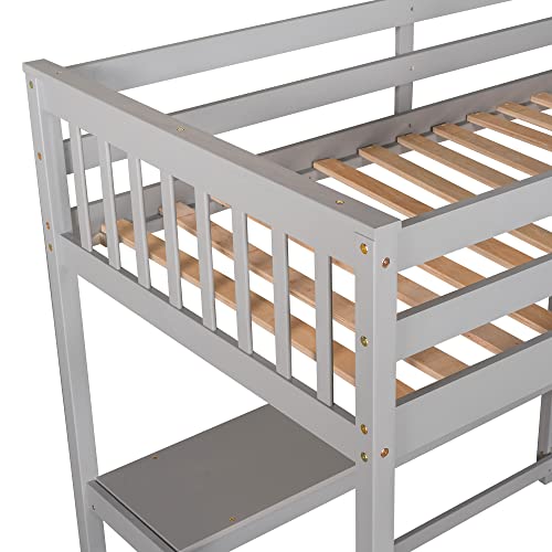 BIADNBZ Twin Size Loft Bed with Under-Bed Desk and Storage Shelves, Wooden LoftBed Frame for Kids Teens Bedroom, Gray