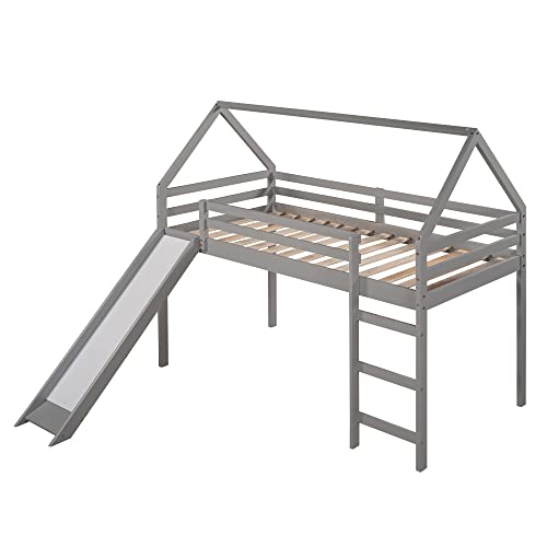 Lifeand Twin Size Loft Bed with Slide,Wooden House Bed for Kids/Girls/Boys, Gray