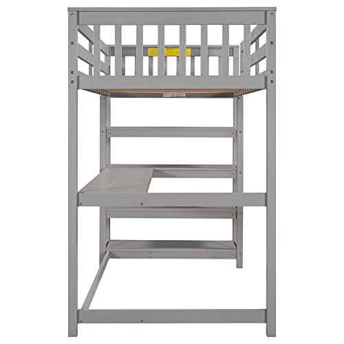 BIADNBZ Twin Size Loft Bed with Under-Bed Desk and Storage Shelves, Wooden LoftBed Frame for Kids Teens Bedroom, Gray